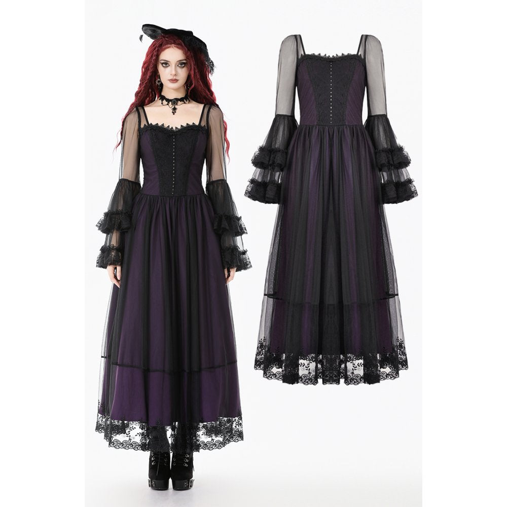 Dark in Love Lilith Gothic Maxi Dress with Bell Sleeves – Dark Purple Mesh & Lace Elegance