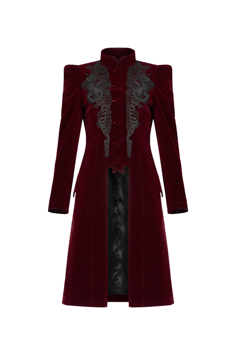 Punk Rave Nerezza Goth Mid-Length Embroidered Velvet Coat in Red - Siz