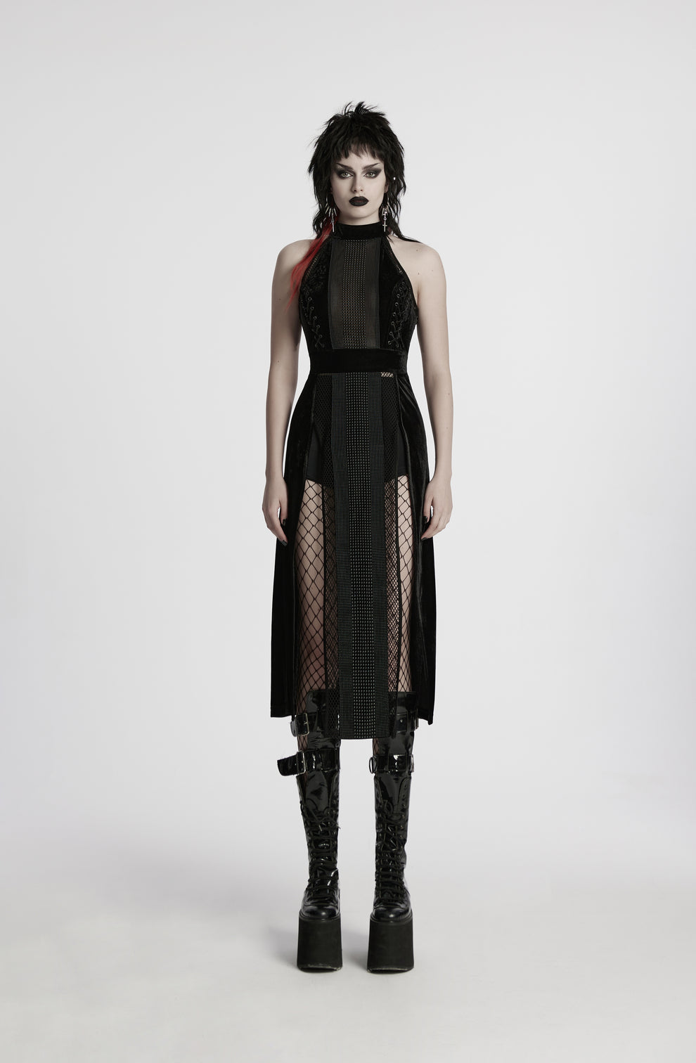 Punk Rave Black Velvet Mesh Slit Goth Dress