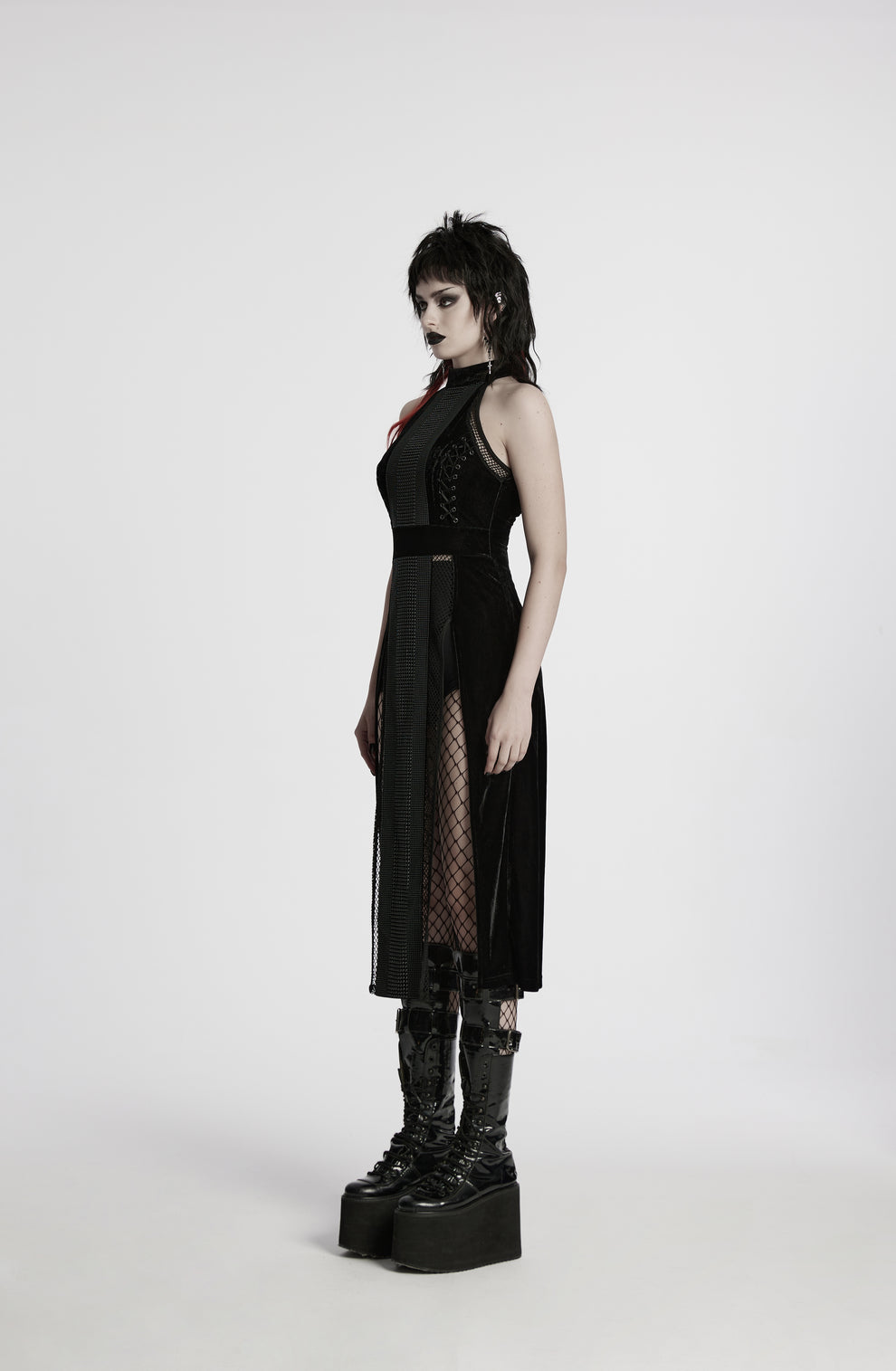 Punk Rave Black Velvet Mesh Slit Goth Dress
