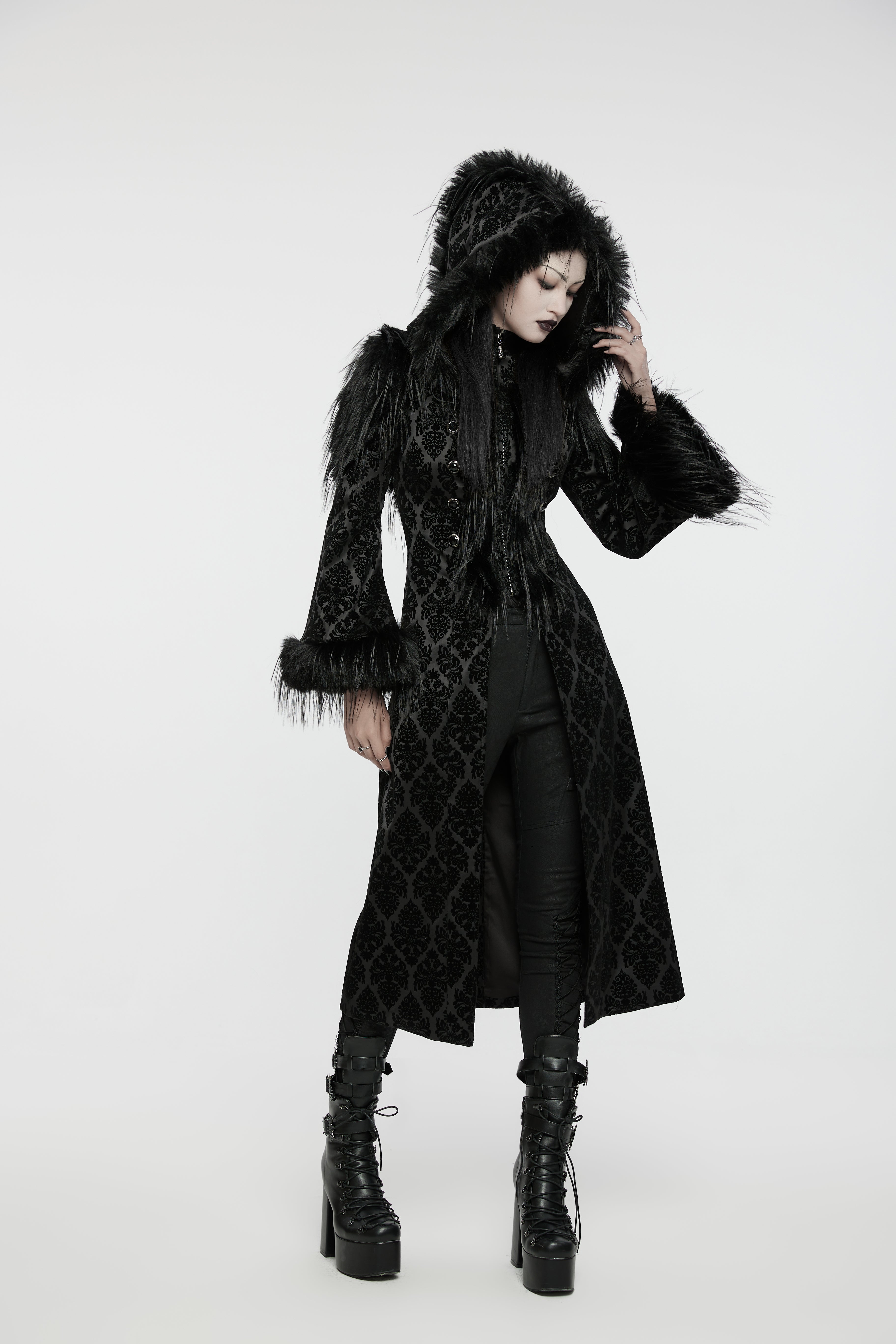 Punk Rave Morrigan Goth Jacquard Coat – Black Faux Fur Hooded Gothic ...