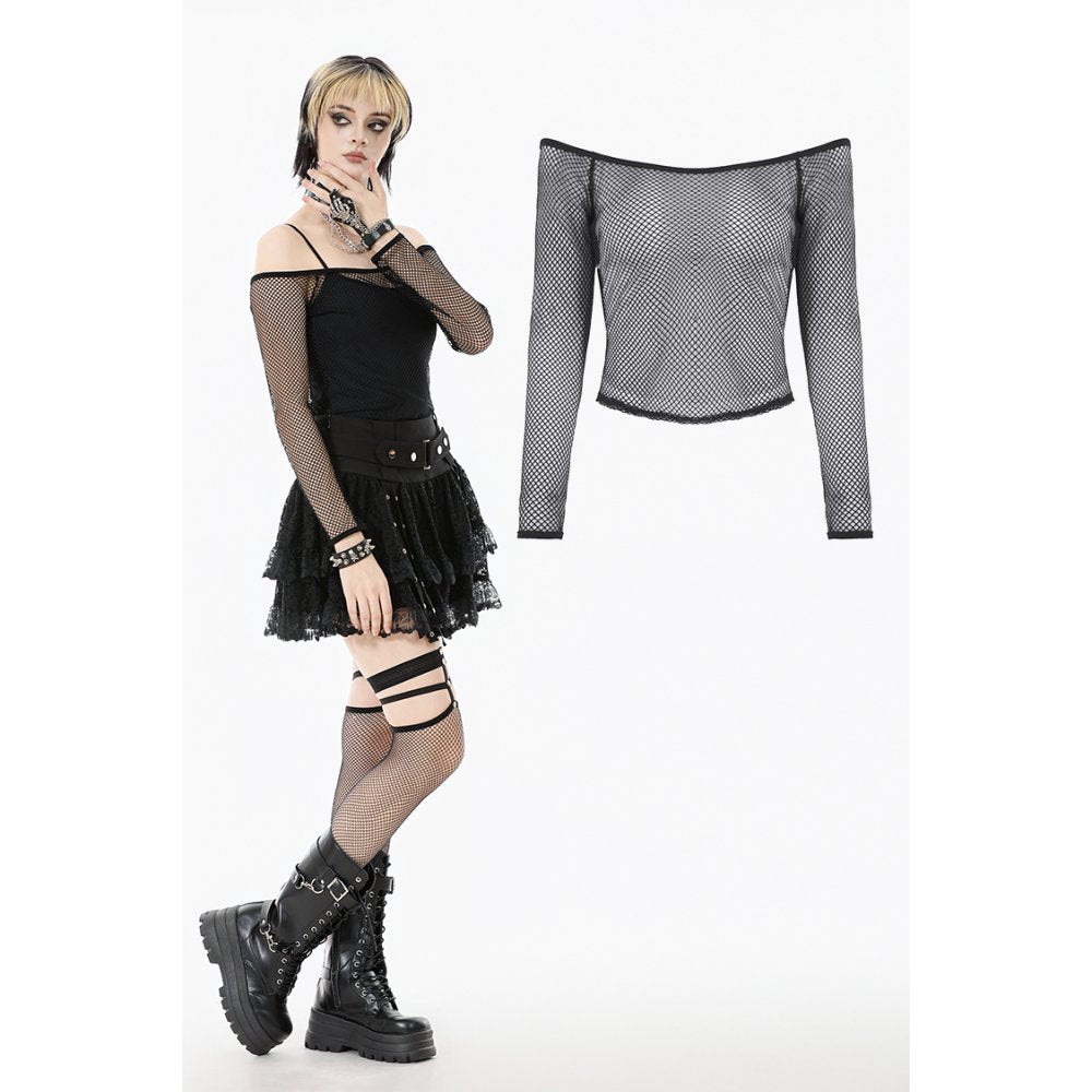 Dark in Love Lyra Gothic Mesh Fishnet Top – Off-Shoulder Alt Style