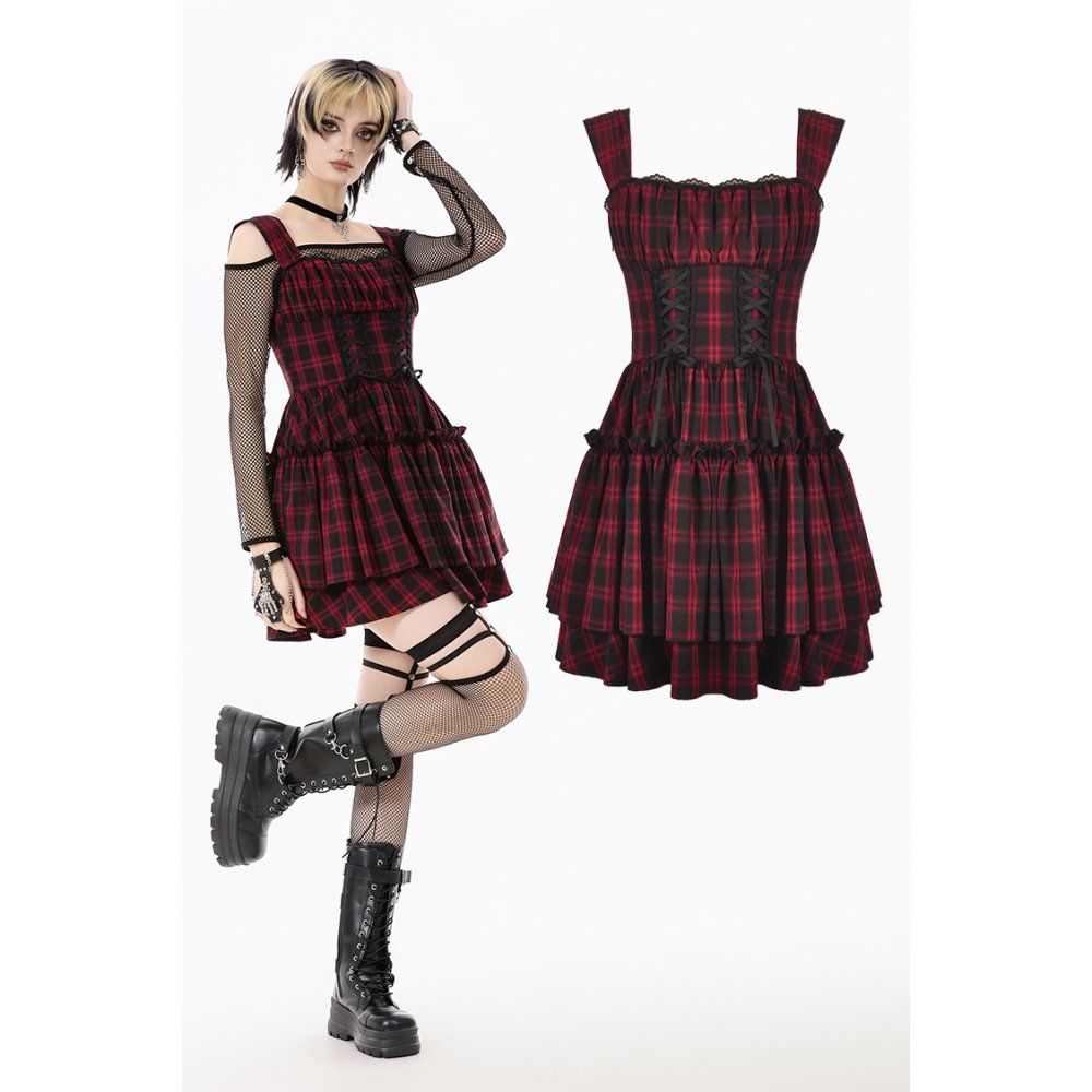 Dark in Love Morrigan Tartan Lace-Up Dress – Red & Black Punk Corset ...