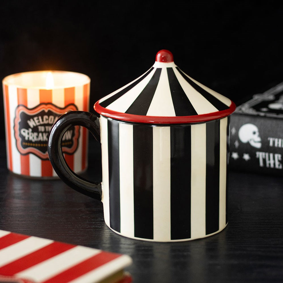 Mystic Circus Tent Mug with Lid | Gothic Circus Striped Mug ...