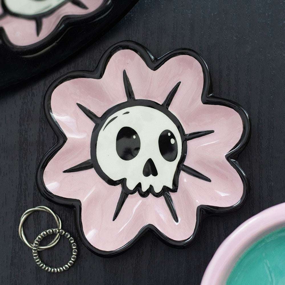 Gothic Trinket Dish Skull Flower Decor