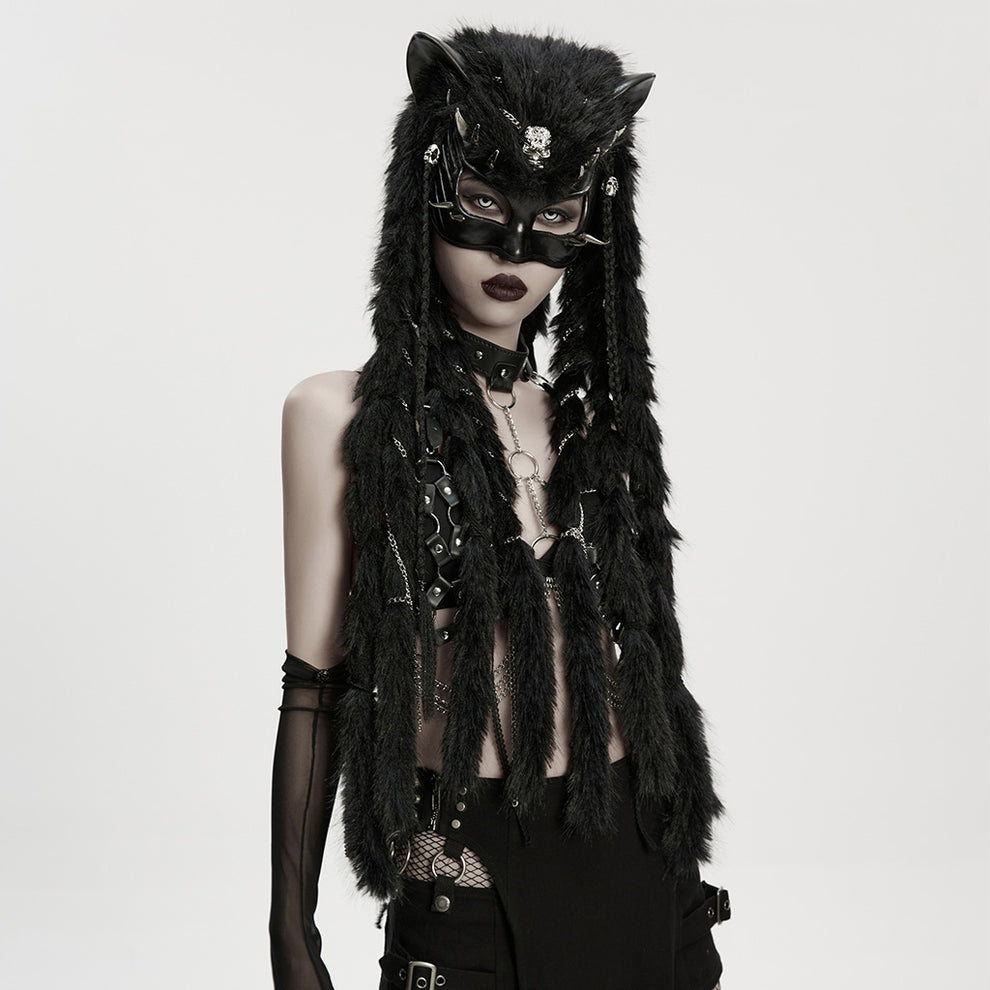 Punk Rave Faux Fur Fox Hood – Black Braided Goth Animal Headdress