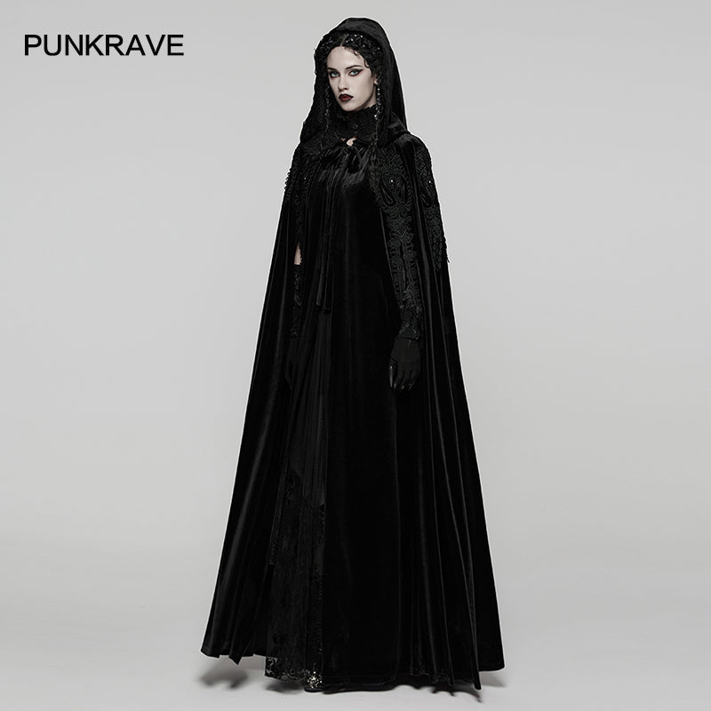 Punk Rave Goth Velvet Cloak – Black Hooded Gothic Cape with Embroidery ...